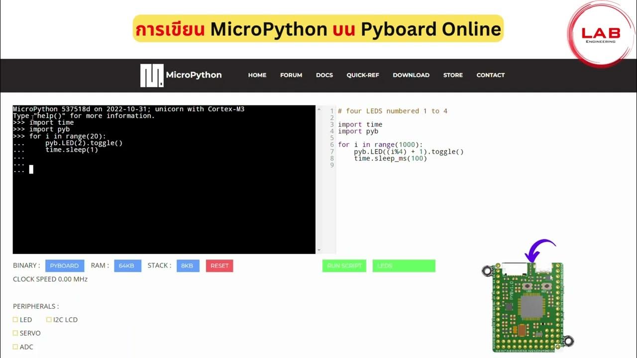 การเขียน MicroPython บน Pyboard Online - YouTube