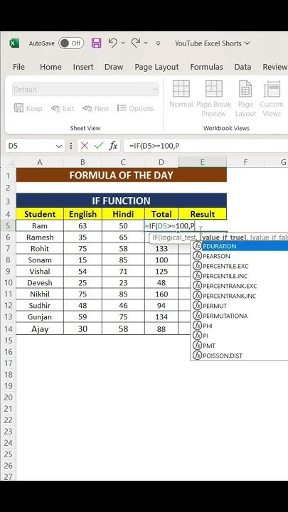 IF Formula in Excel | IF Function | IF Function Trick | Pass/Fail #shorts #exceltricks - YouTube
