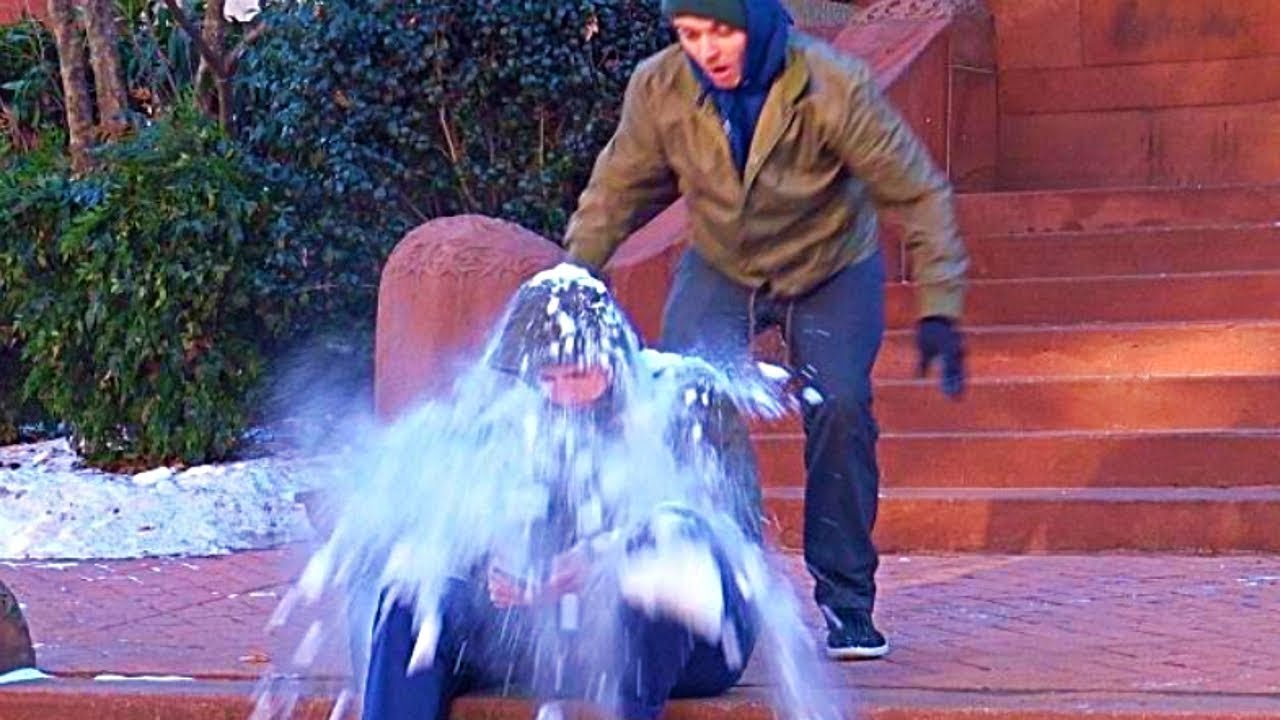 Throwing Snowballs at People Prank Part 2 - YouTube