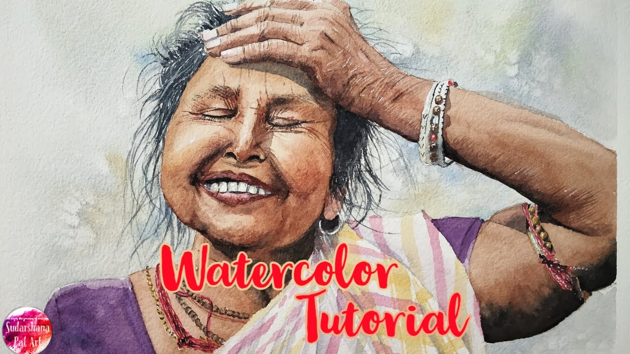 Learn watercolor painting of Portrait & hands of a smiling Indian lady ...