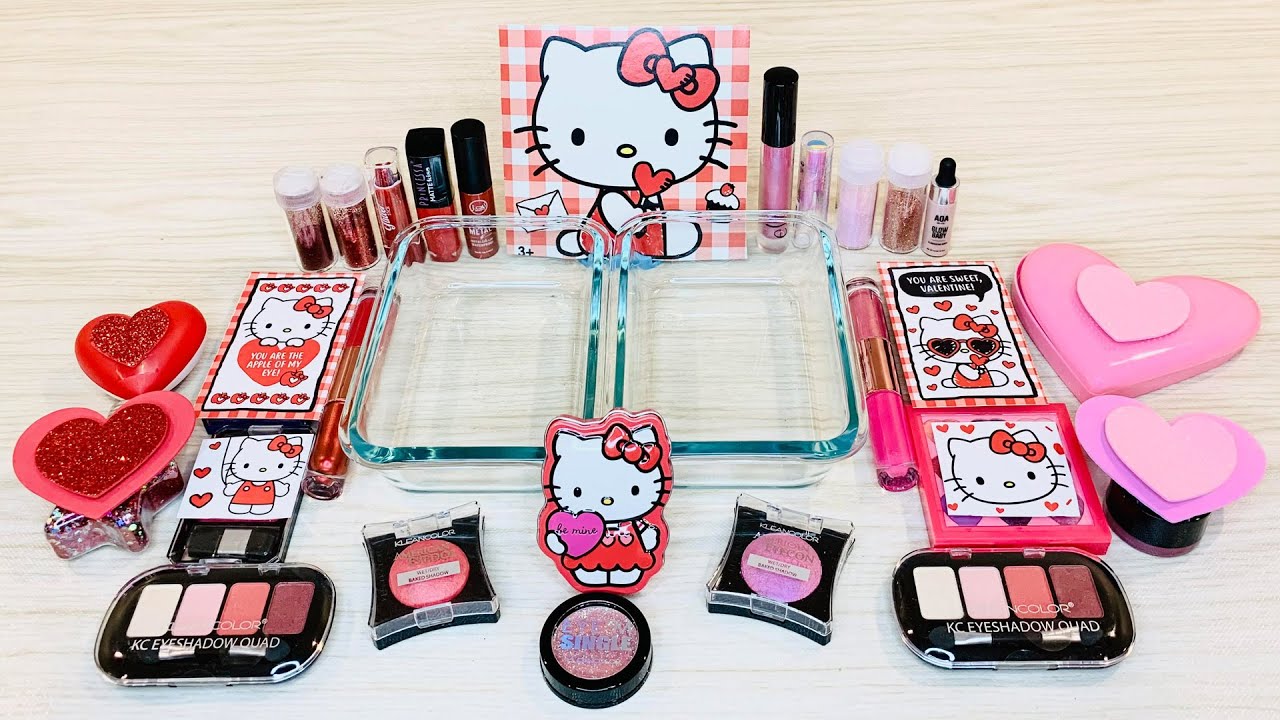 Hello Kitty Pink vs Red - Mixing Makeup Eyeshadow into Clear Slime ...