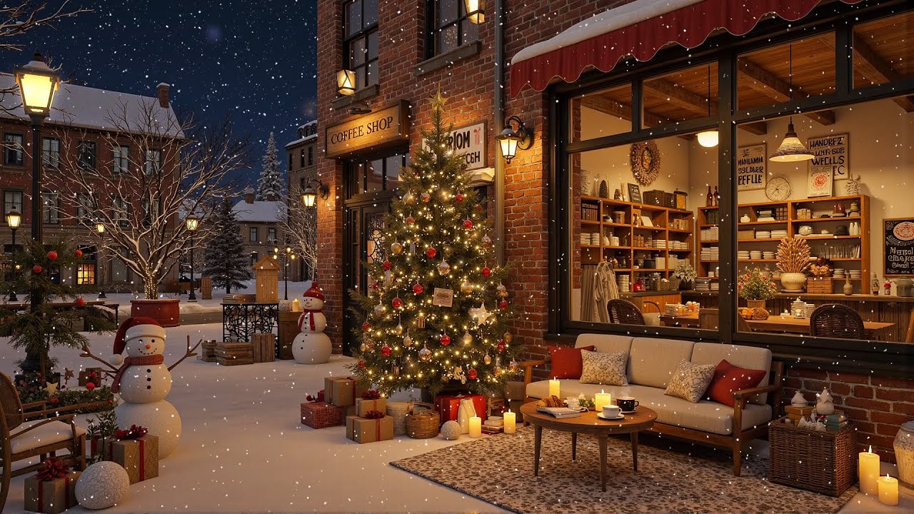 Outdoor Coffee Shop 🎄Christmas Jazz Music in Holiday Ambience with ...