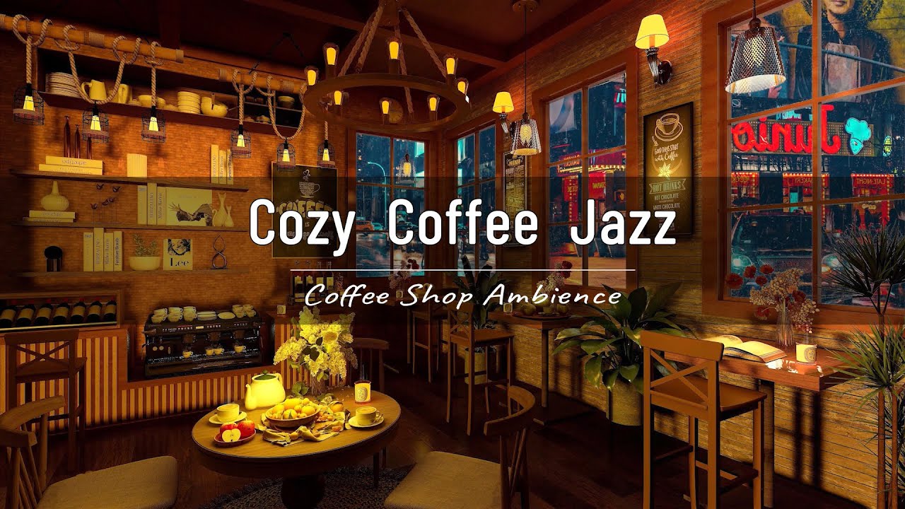 4K Cozy Coffee Shop Ambience at Night & Crackling Fireplace | Smooth ...