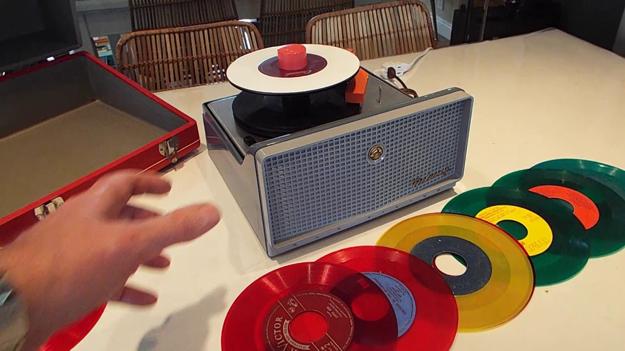 RCA EY-2JJ 45 RPM record player playing a stack of records. - YouTube