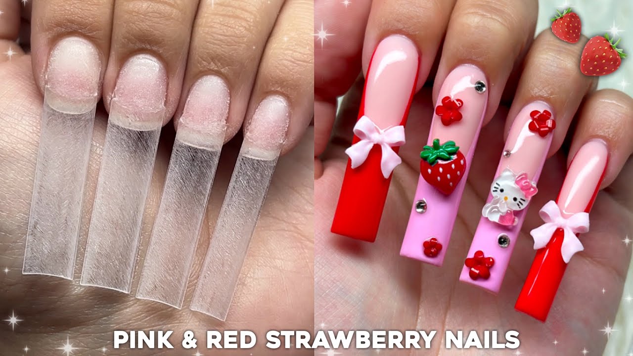 PINK & RED STRAWBERRY POLYGEL NAILS🍓 CHARM NAIL DESIGN & POLYGEL ...