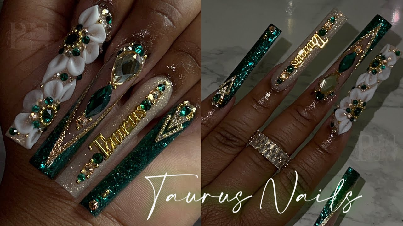 EMERALD GREEN BLING NAILS 💚 | 3D FLOWERS | ZODIAC SERIES : TAURUS ♉️ - YouTube