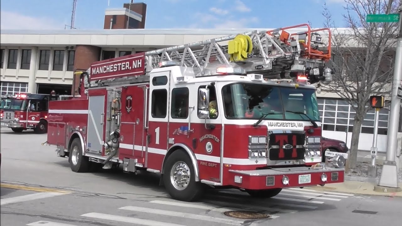 Manchester, NH Fire Department Truck 1 & Car 1 Responding - YouTube