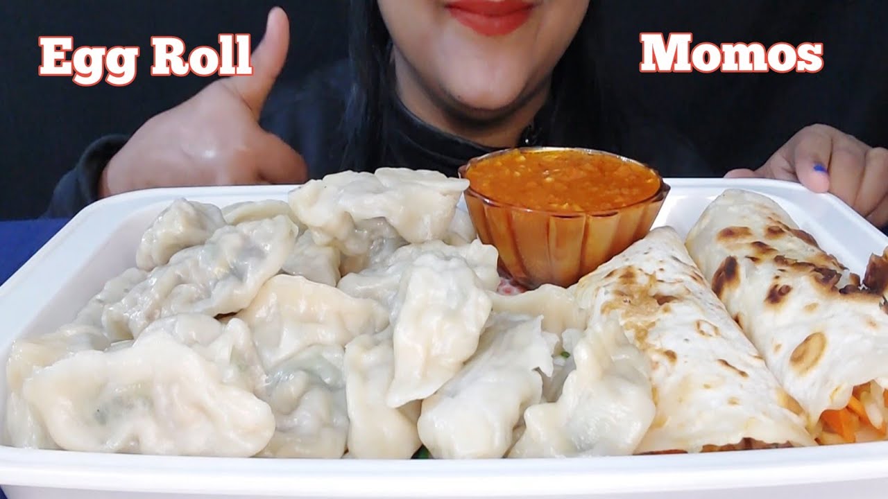 eating chicken momos egg roll red chilli 🌶 chatni - YouTube