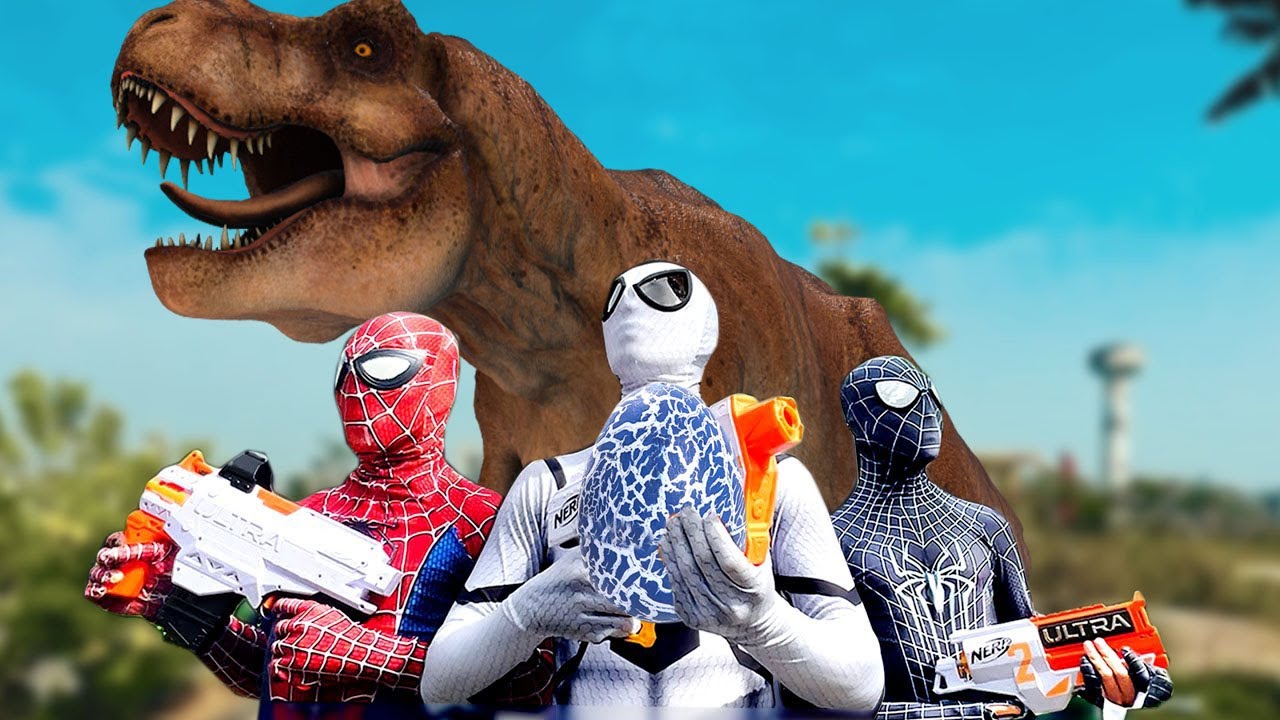 TEAM SPIDER-MAN vs DINOSAUR VIDEO | Most REALISTIC T-Rex Chase ...