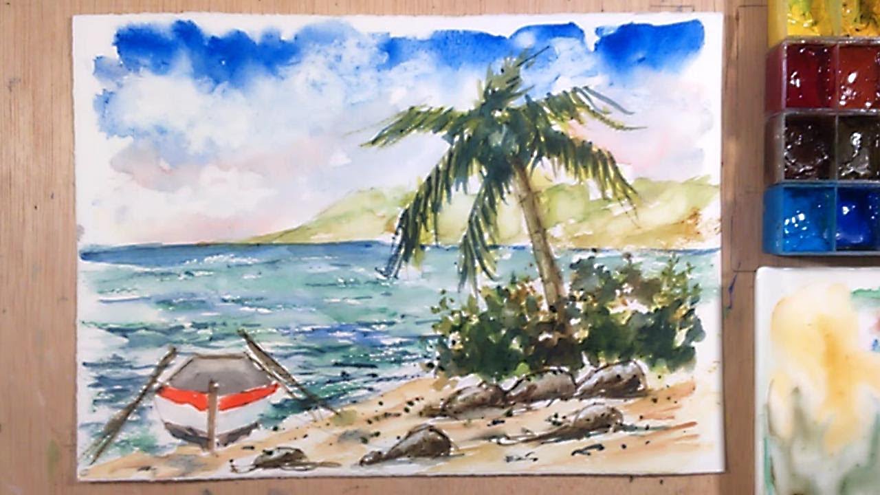 Acuarela - La Barca y la Palmera para principiantes | Watercolor ...