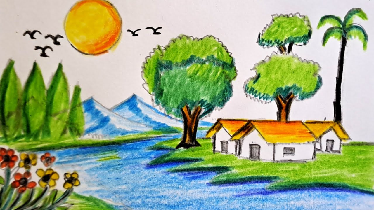 Scenery Drawing।Simple Landscape Scenery Drawing। How To Draw Beautiful ...