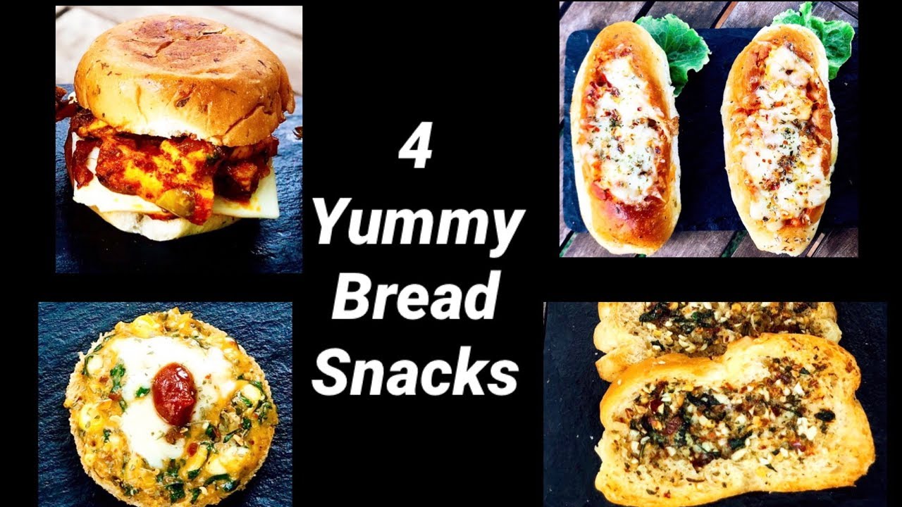 4 Yummy Bread Snacks |Garlic Bread | Tawa Burger | Veg Hot Dog | Bread ...