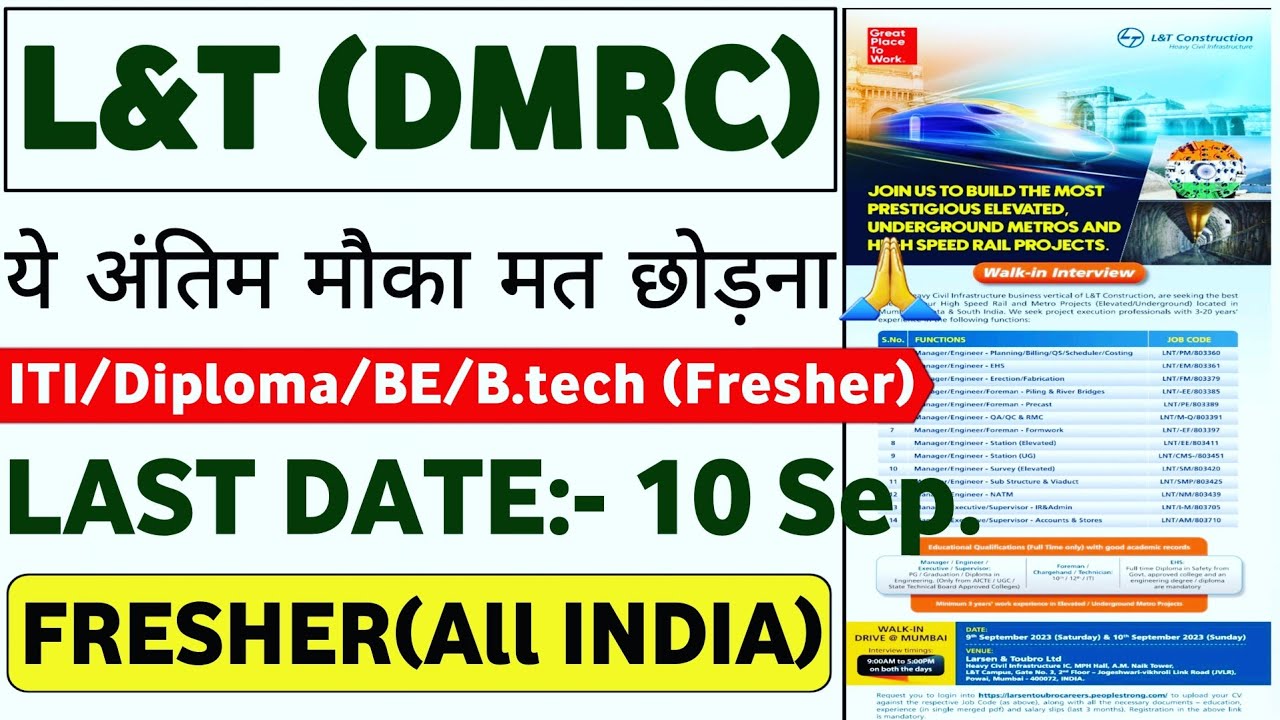 L&T (DMRC) Recruitment 2023 | Freshers | ITI, Diploma, B.tech | 1750 ...