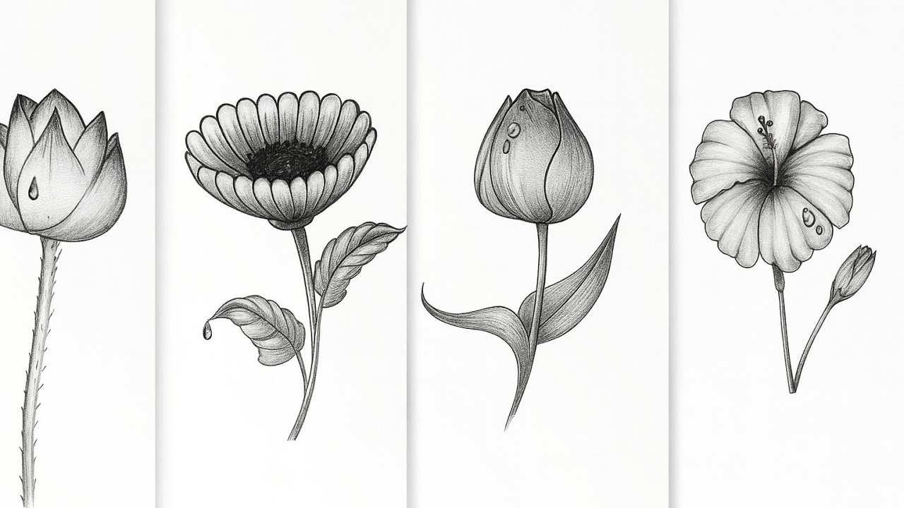 4 Easy Flower Pencil Drawings for Beginners | Simple Step-by-Step ...