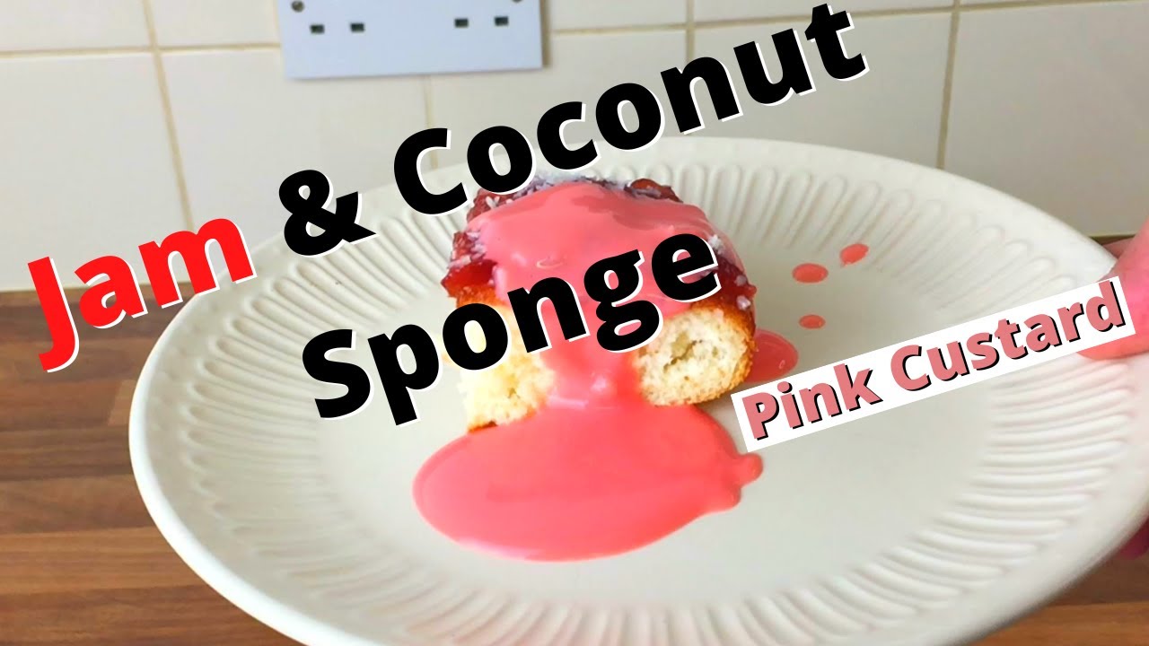 Jam and Coconut Sponge with Pink Custard - YouTube