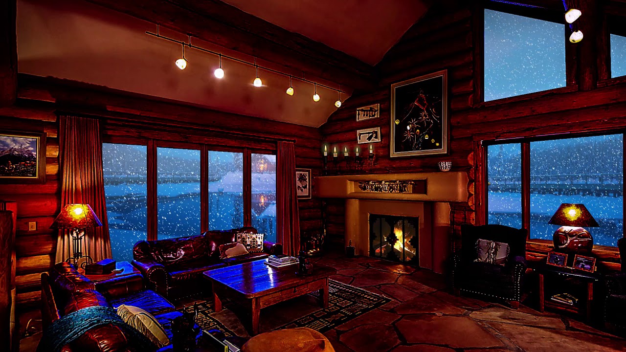 Lakeside Cozy Winter Cabin with a Fireplace and Snow Falling Outside ...
