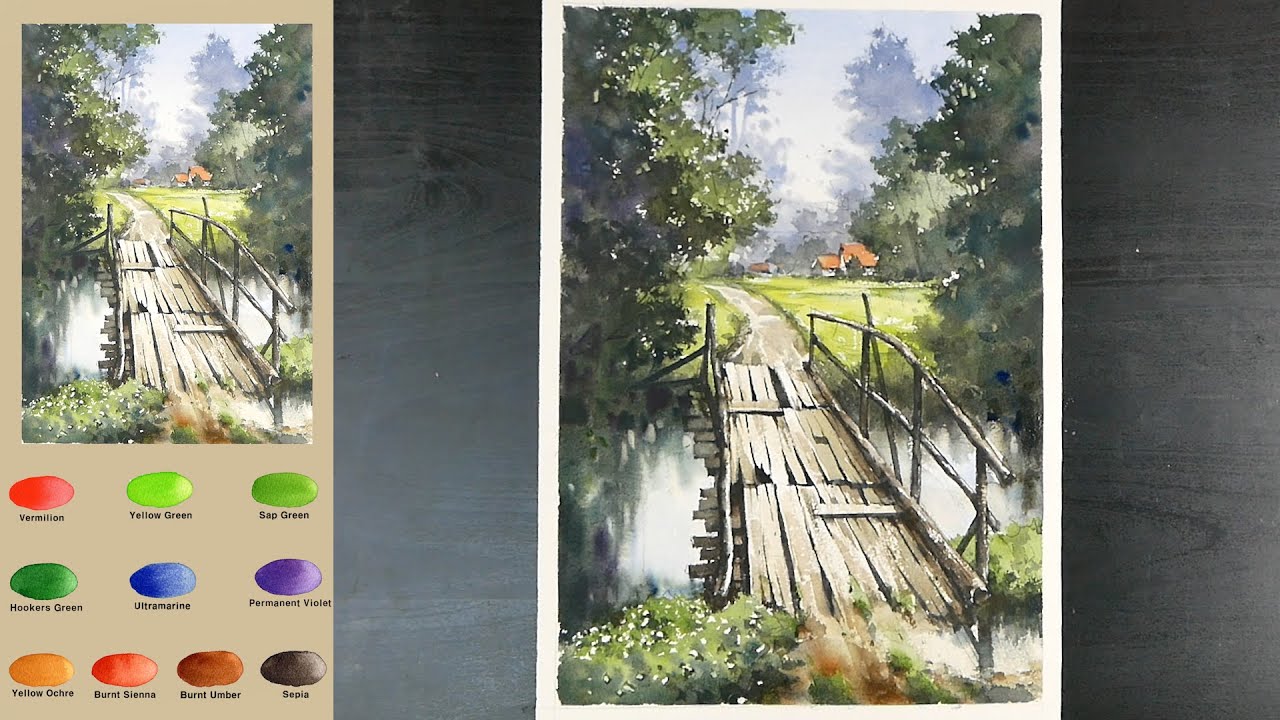 Landscape Watercolor - Forest Bridge (3x speed, View color names) NAMIL ...