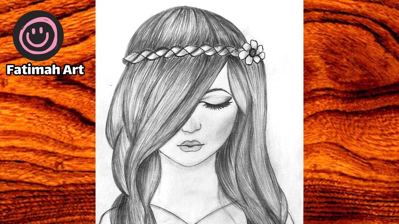 A girl with beautiful hair Pencil Sketch drawing/A cute girl with ...