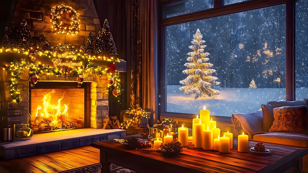 Beautiful Christmas Ambience with Relaxing Fireplace🎄🔥Snow Falling ...