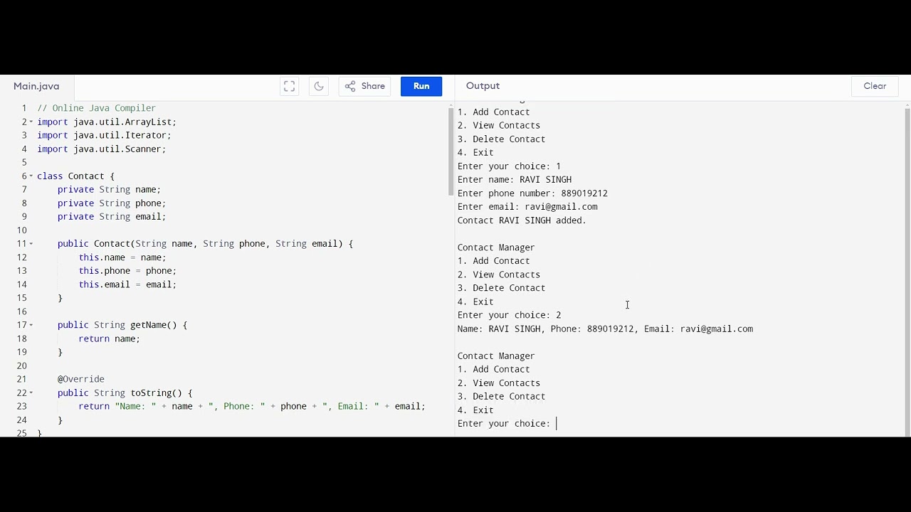 Console Application 😎 | simple contact manager app in java by using oops concepts 🙏 - YouTube