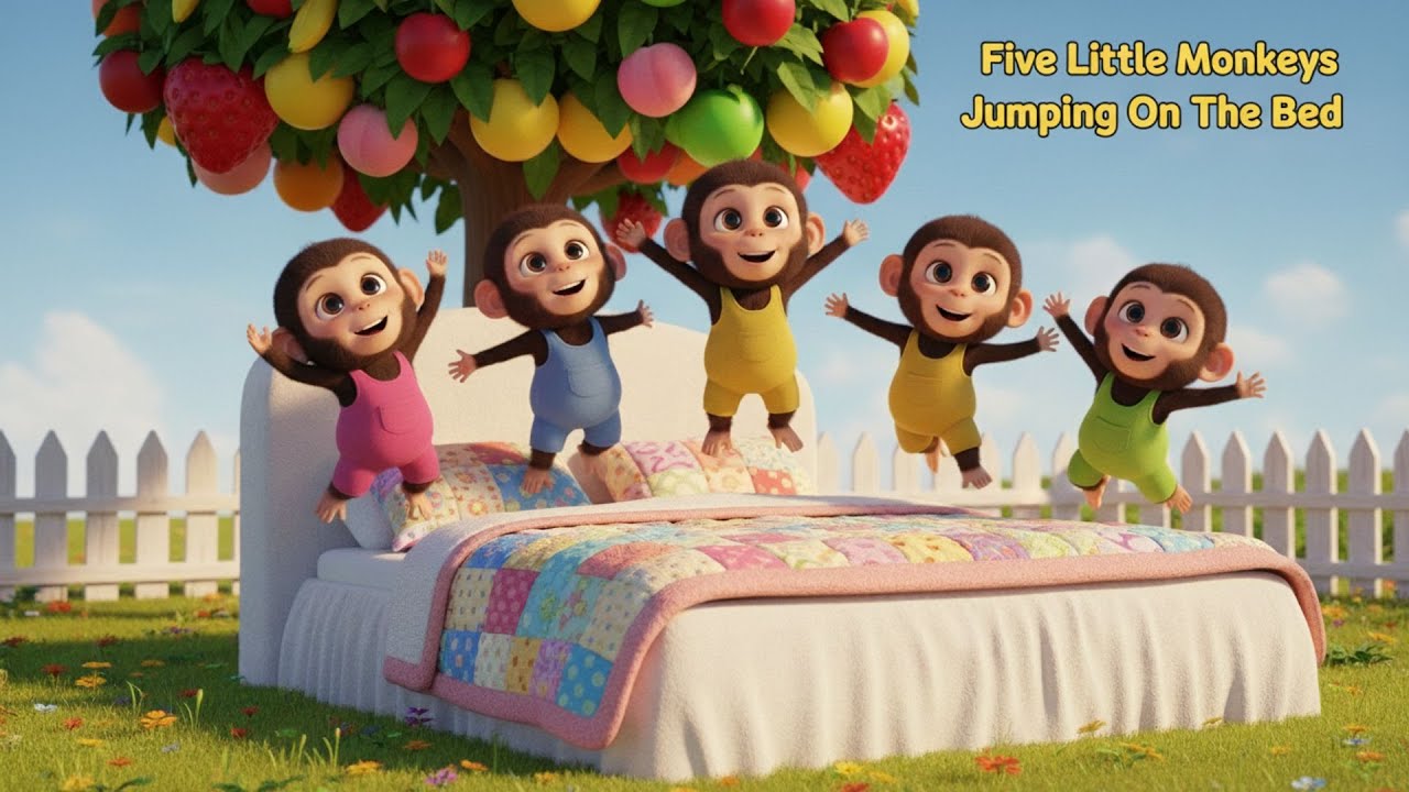 Five Little Monkeys Jumping on the Bed | Giggly Nursery Rhymes & Kids ...