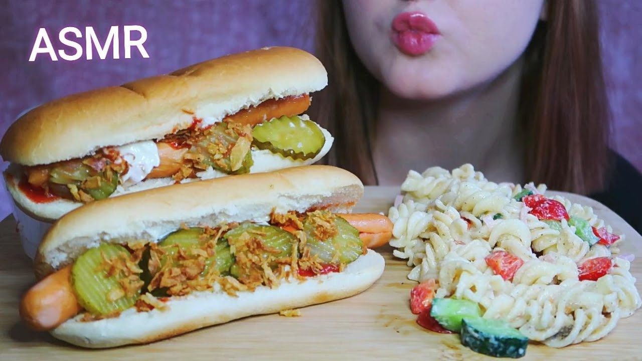 ASMR HOMEMADE HOT DOGS & PASTA SALAD (chewy and crunchy eating sounds ...