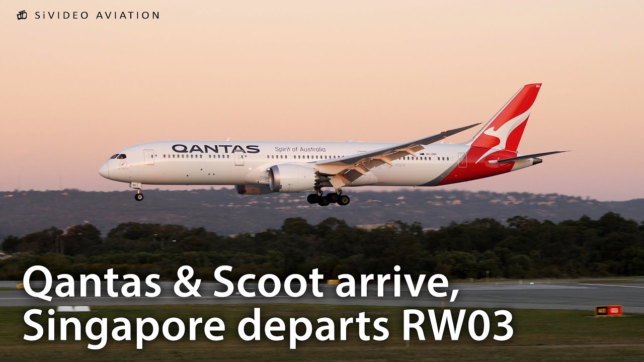 Qantas (VH-ZNH) (VH-EBG) & Scoot (9V-OJJ) arrive & Singapore (9V-SHQ ...