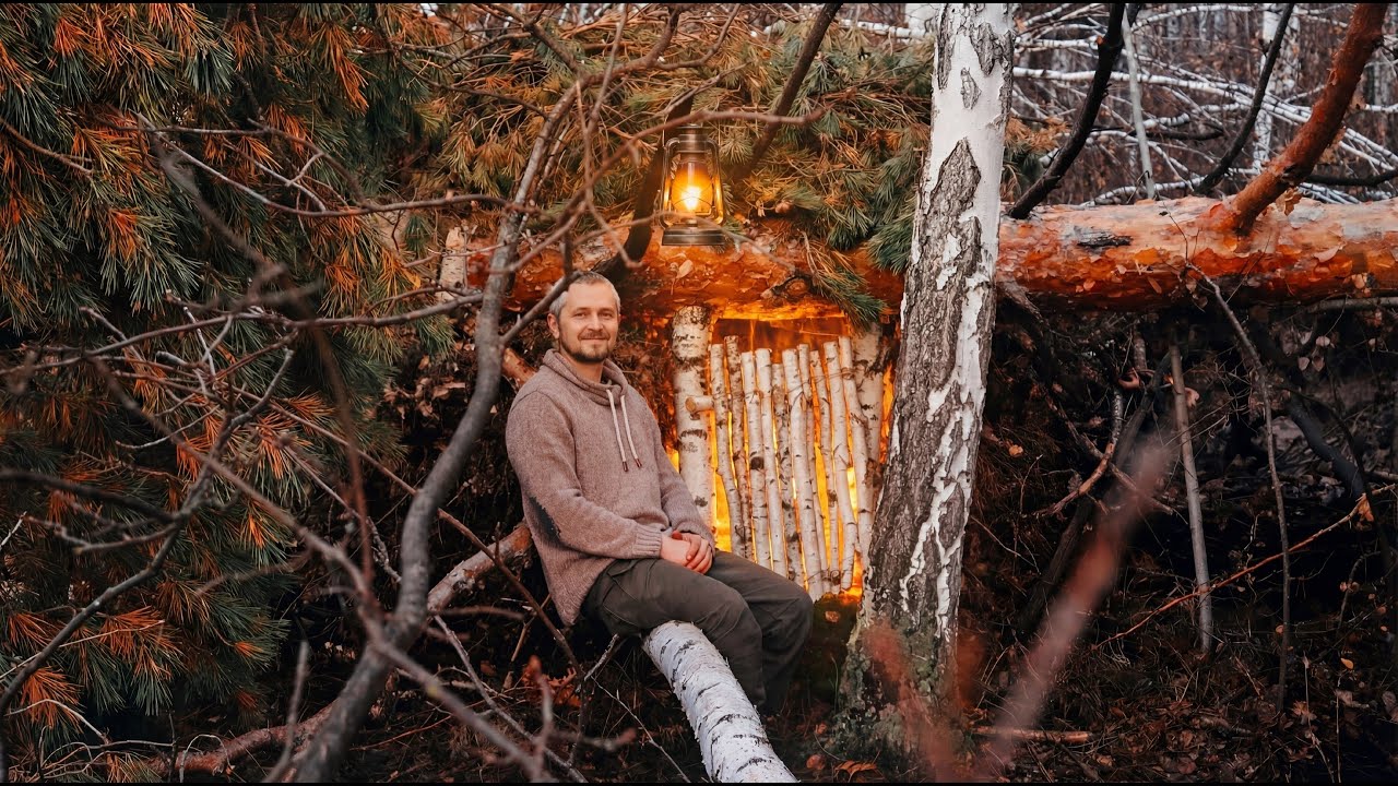 Building a cozy shelter under a fallen tree. Bushcraft, Survival. - YouTube