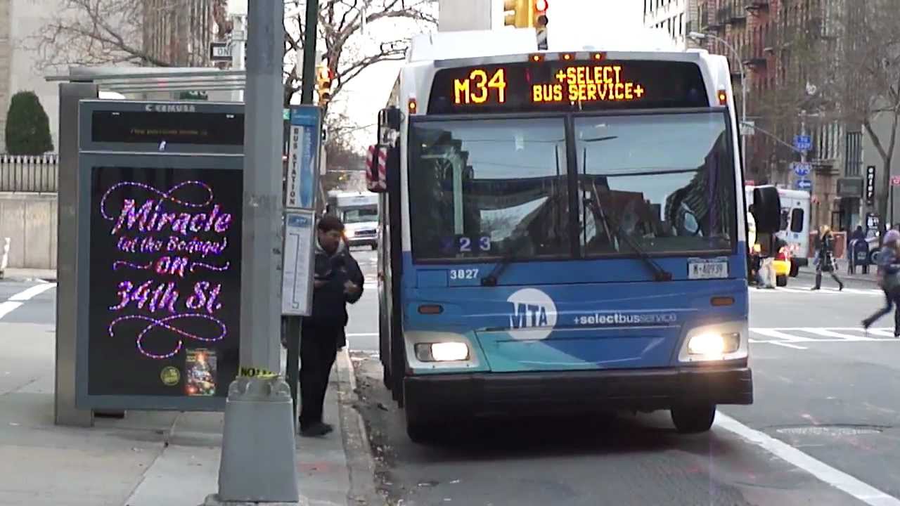MTA Regional Bus Orion VII HEV #3827 M34 +Select departing 2nd Avenue ...