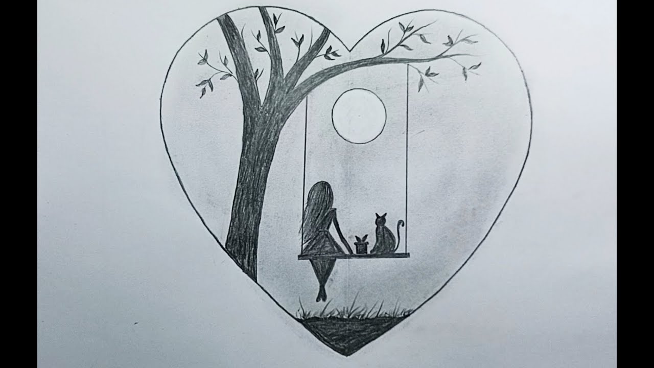 How to draw a swinging girl in a tree with a cat step by step for ...