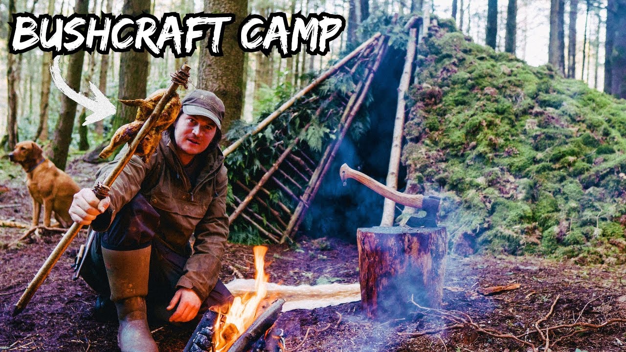 PRIMITIVE WILD BUSHCRAFT CAMP with my dog - Foraging - Fire Cooking ...