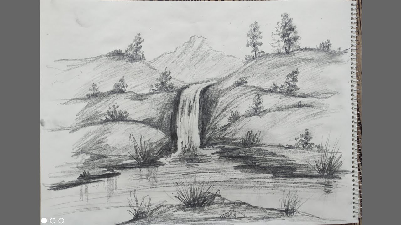 Drawing the landscape of the waterfall with a pencil.How to draw a ...