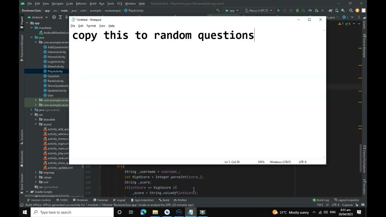 Android Studio Quiz Random and Save score sqlite database part 8 - YouTube