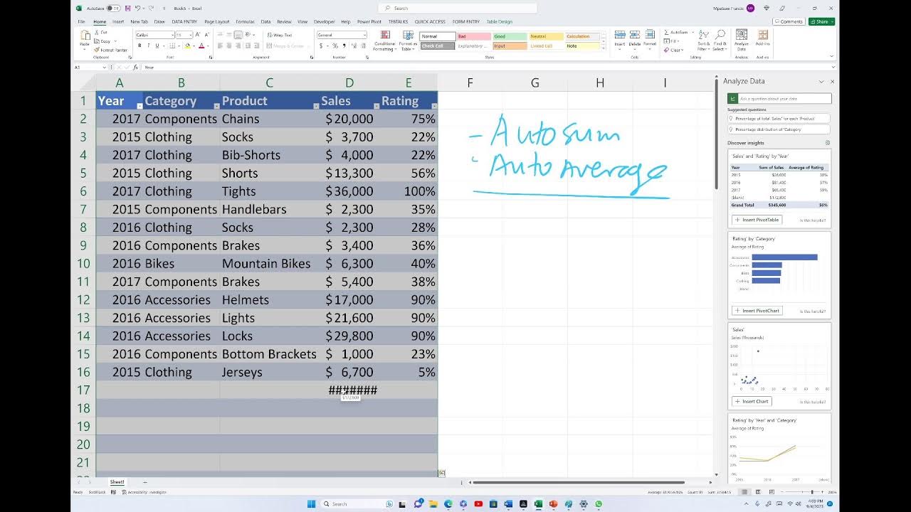 How to use autosum, and average in Excel - YouTube