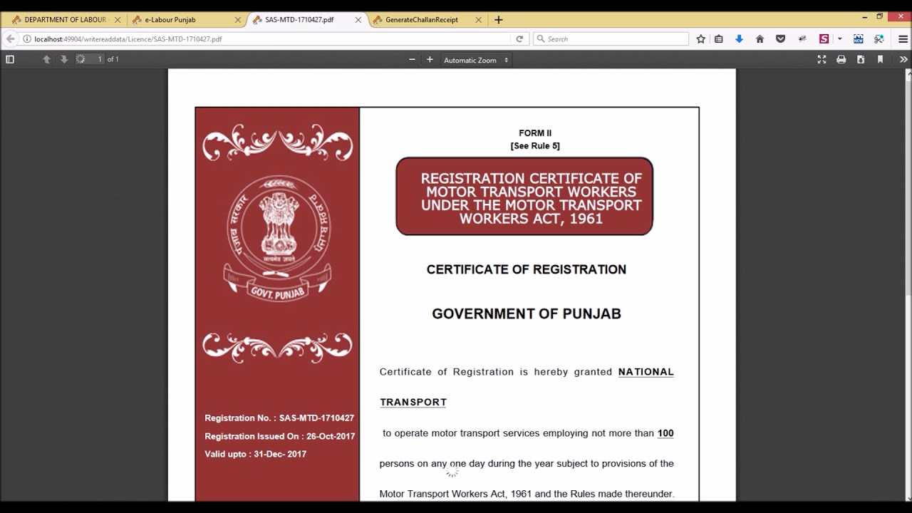 Download Licence Motor Transport Registration Act, 1961 Department of ...