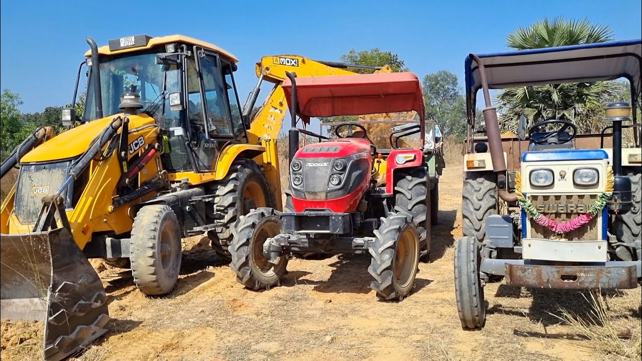 Jcb 3dx Machine Gadi Loading Red Mud In Mahindra and Swaraj Tractor ...