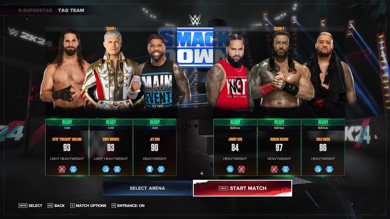 Jey Uso,Cody Rhodes,Seth Rollins VS The Bloodline 6 Man Tag Team Match WWE 2K24 - YouTube