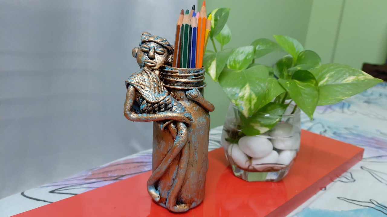 Pen stand with clay | Diy clay art | Antique look pen stand with waste ...