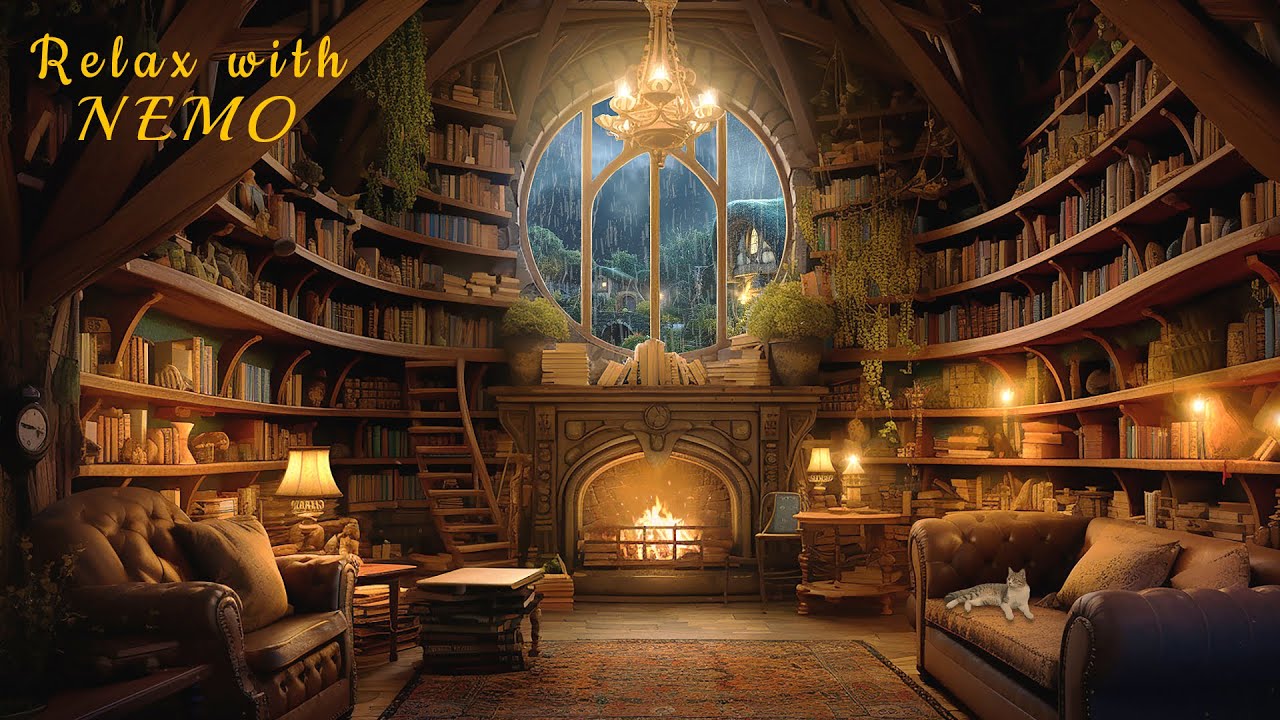 📚 Cozy Hobbit Library - Relaxing Fireplace with Soothing Rainfall ...