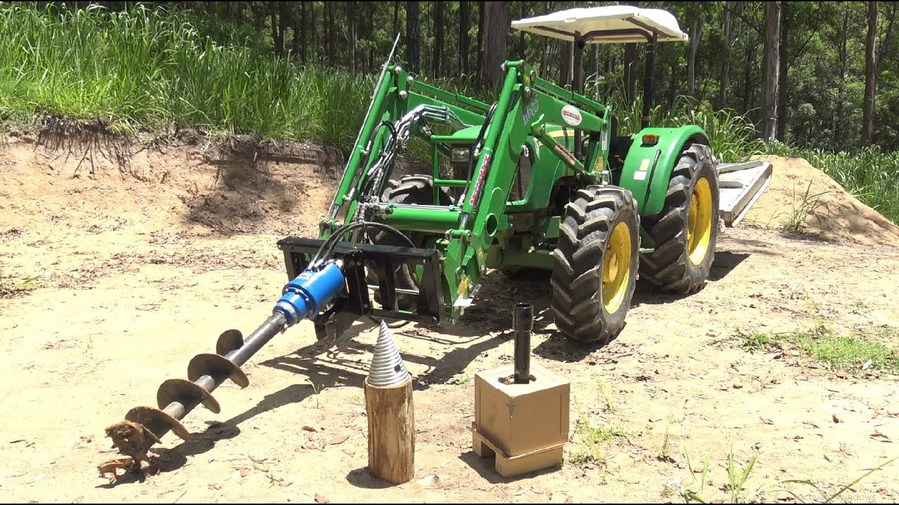 First Try of Log Splitter and Stump Planer Tractor Implements - YouTube