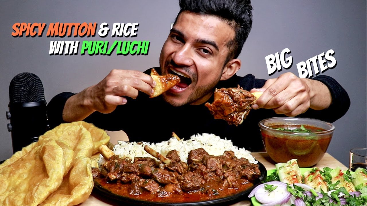 INDIAN Spicy Mutton & Puri / Luchi With Jeera Rice | MUKBANG - YouTube