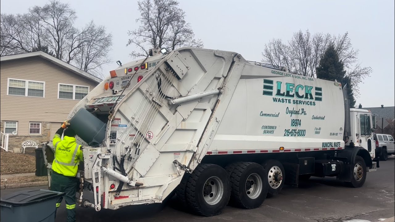 Leck Waste Services Mack MR NewWay rear loader garbage truck on manual trash - YouTube