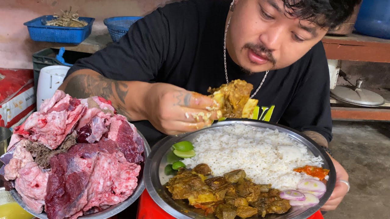 Buffalo meat with rice eating || cooking Nepali style // राङ्गोको मासु ...