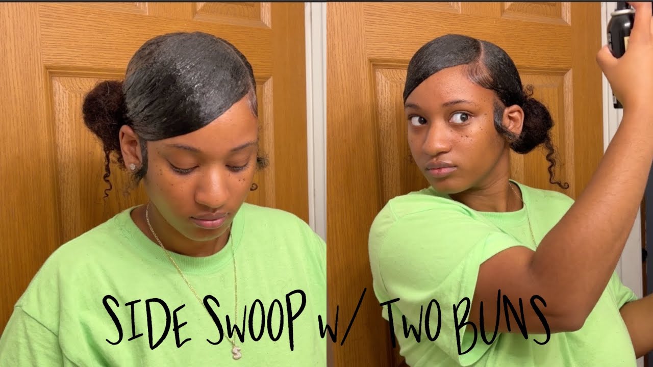SIDE PART SWOOP BANG W/ TWO BUNS ON NATURAL THICK HAIR! - YouTube