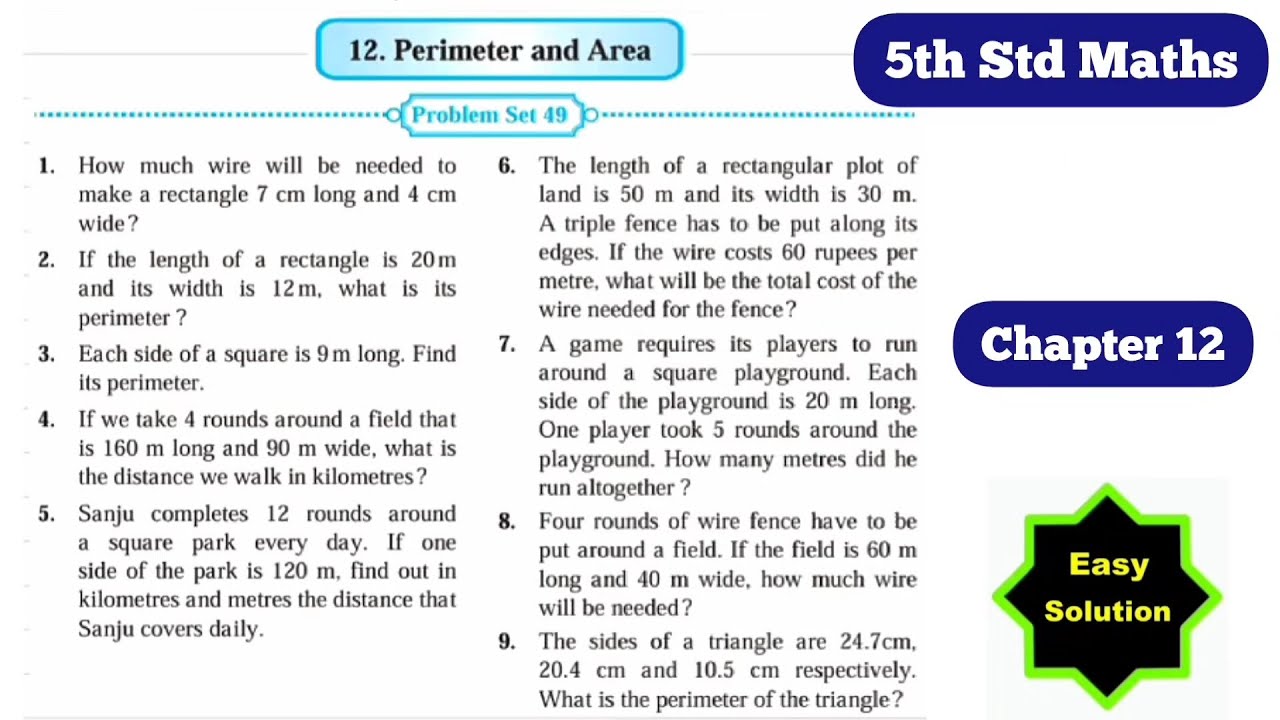 5th Std Maths Problem Set 49 Chapter 12 Perimeter and Area | MH BOARD ...