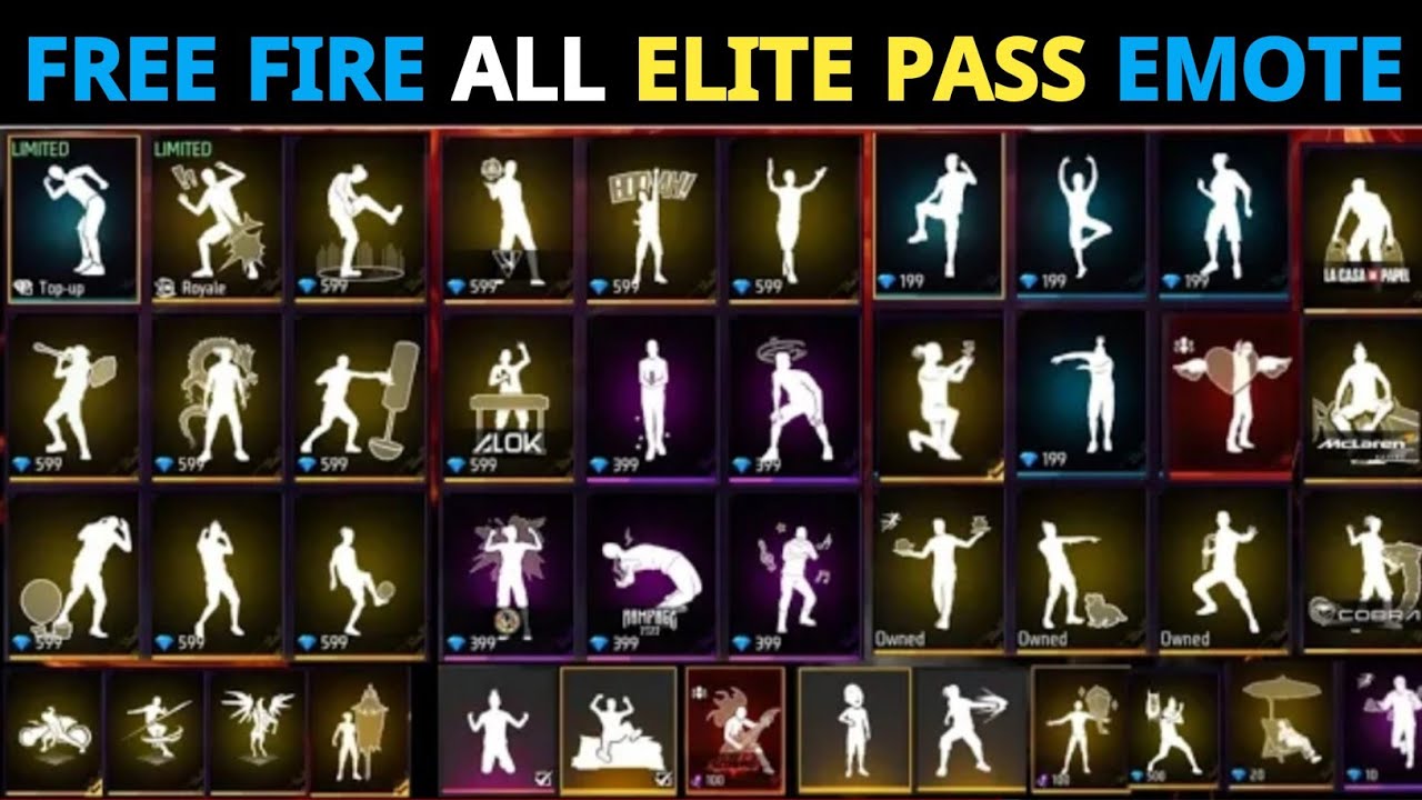 FREE FIRE ALL ELITE PASS EMOTE | FREE FIRE SEASON 1 TO 55 ALL ELITE ...