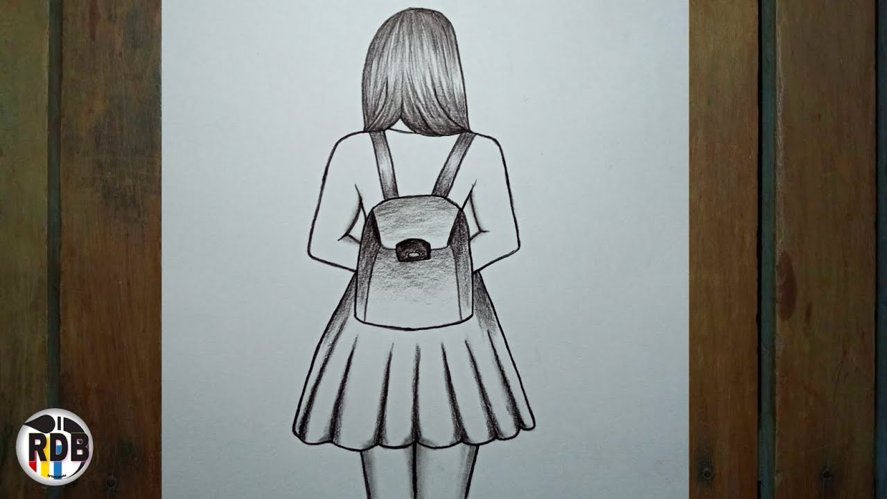 How to draw a girl with a school bag, Easy girl drawing step by step ...