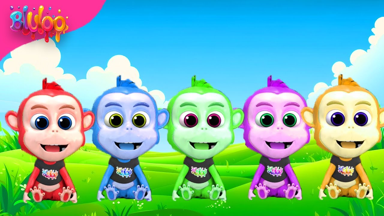Five Little Monkeys Jumping On The Bed | Color Song | BluLoo Nursery ...