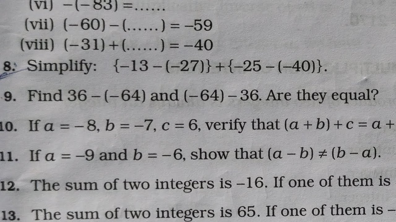 9. Find 36-(-64) and (-64)-36. Are they equal? #ncert #testpapers # ...
