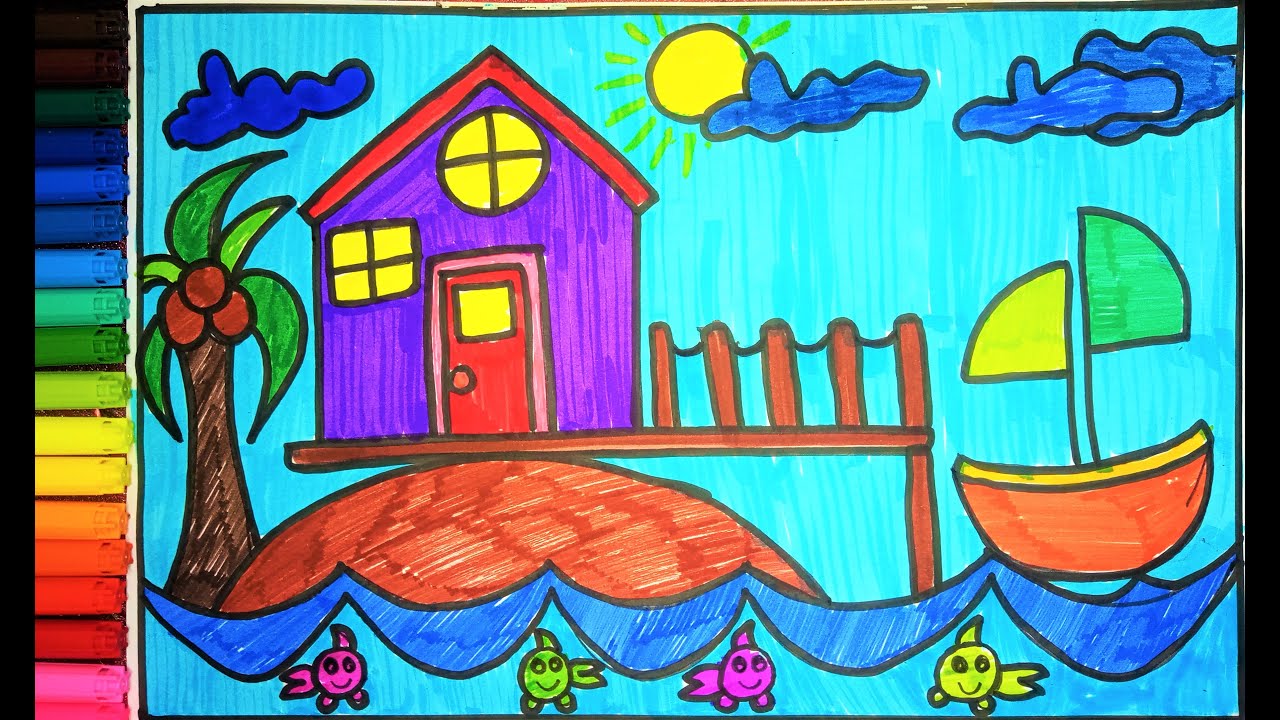 Beach House Drawing, Let's Draw and color together, Easy Step by Step ...
